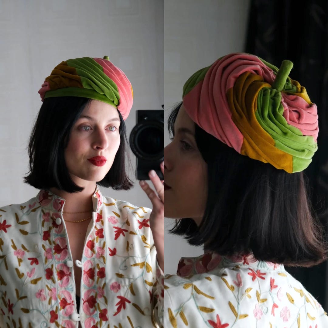 Vintage 50s A. BAMBI Italian Velvet Tri Color Ruched Turban Tilt Hat ...