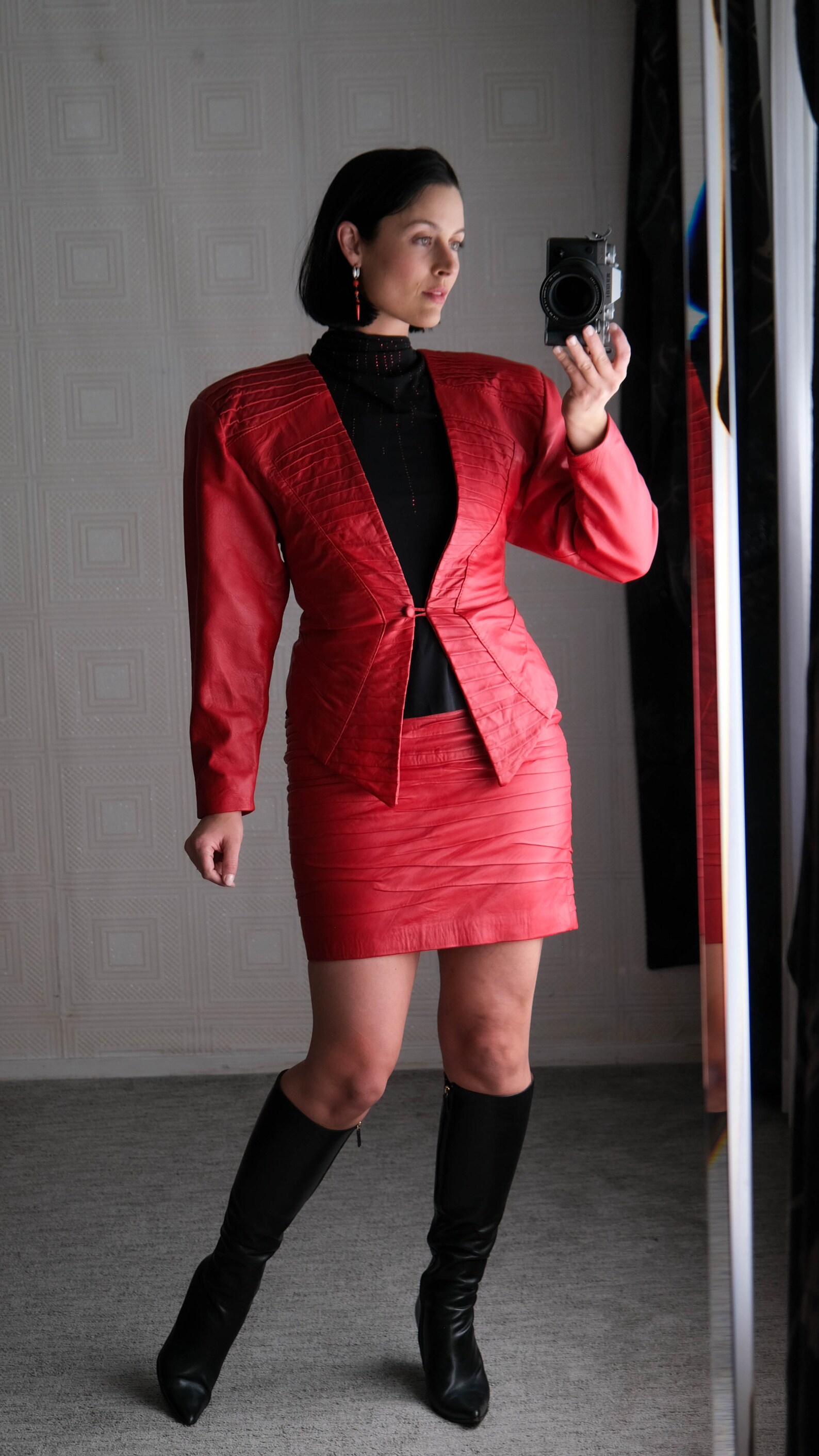 Vintage 80s LE PIEL Lipstick Red Lambskin Leather Pleated Peplum Mini ...