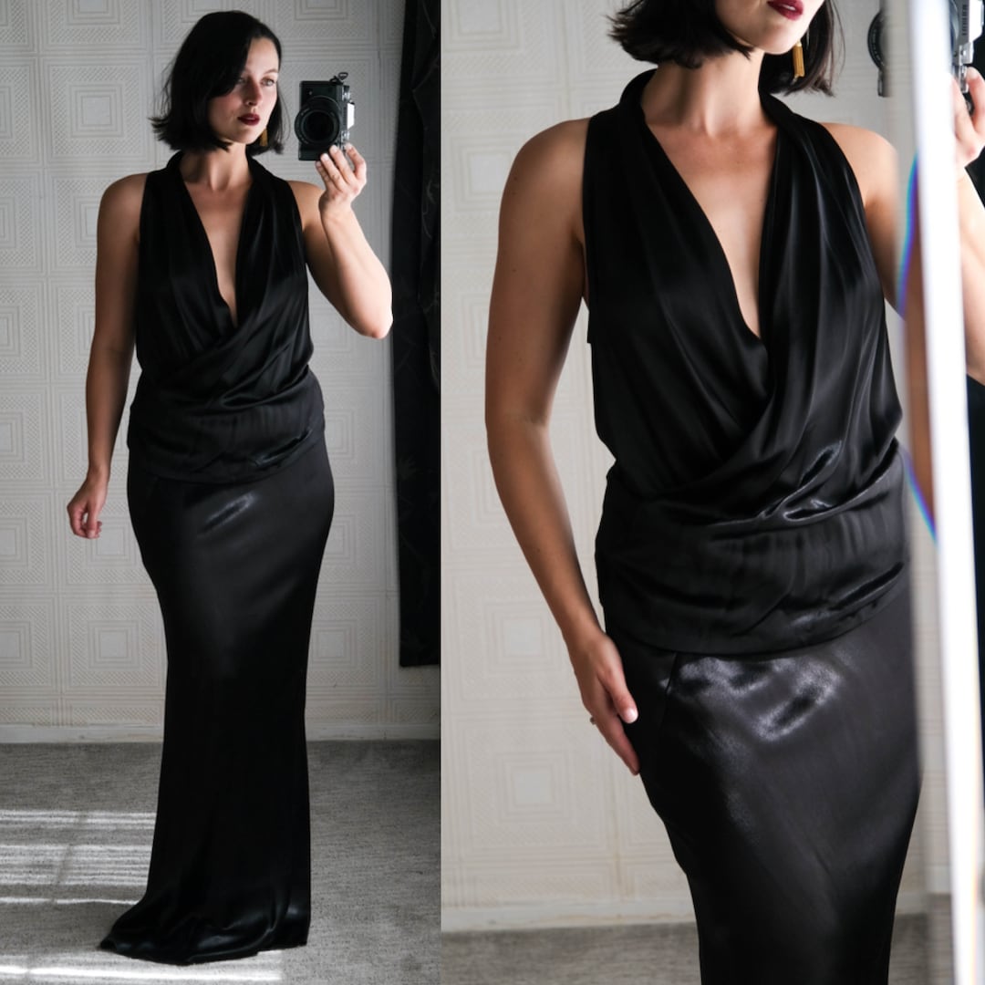 DONNA KARAN Runway Black Label Gunmetal Black Deep Plunge Maxi Set ...