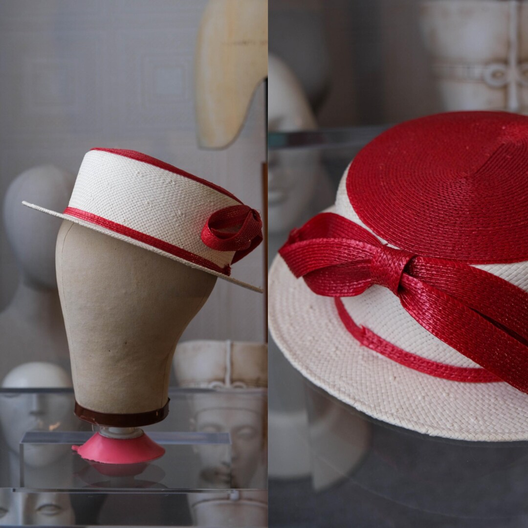 Vintage 70s FRANK OLIVE Natural Straw Colorblock Short Brim Sun Hat W ...