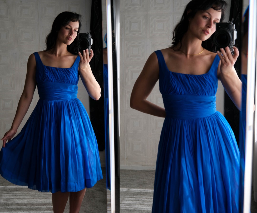 Vintage 50s Cerulean Blue Silk Chiffon Rouged Waist Cocktail Dress ...