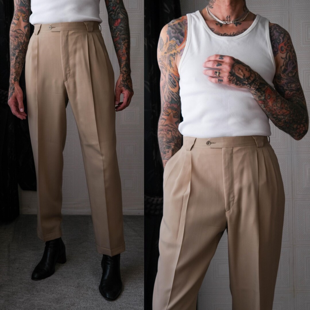 Vintage 90s LUCIANO CARRELI Tan Gabardine Triple Pleated Cuffed Slacks ...