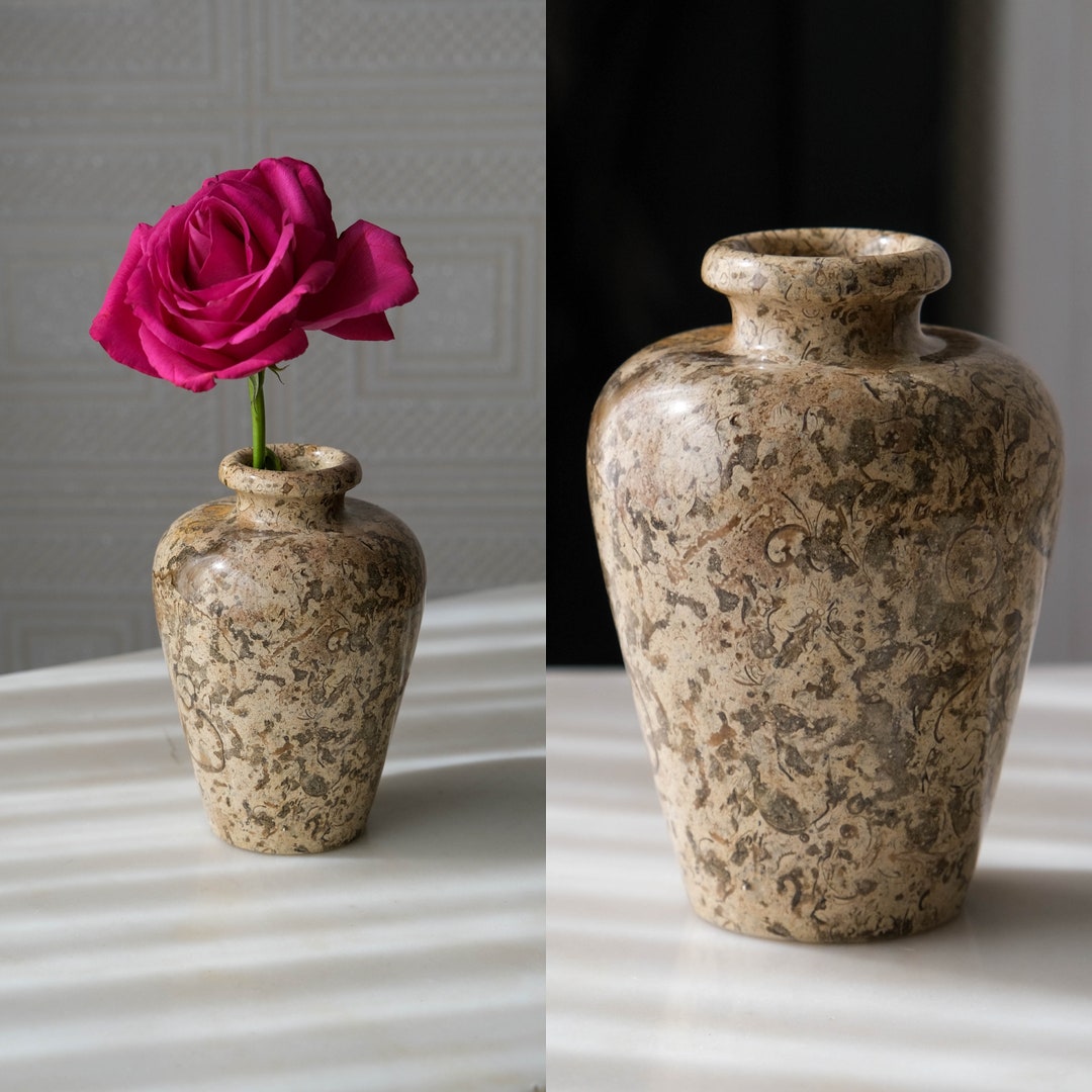 Vintage Natural Earthtone Fossil Marble Hand Carved Vase | Marble ...