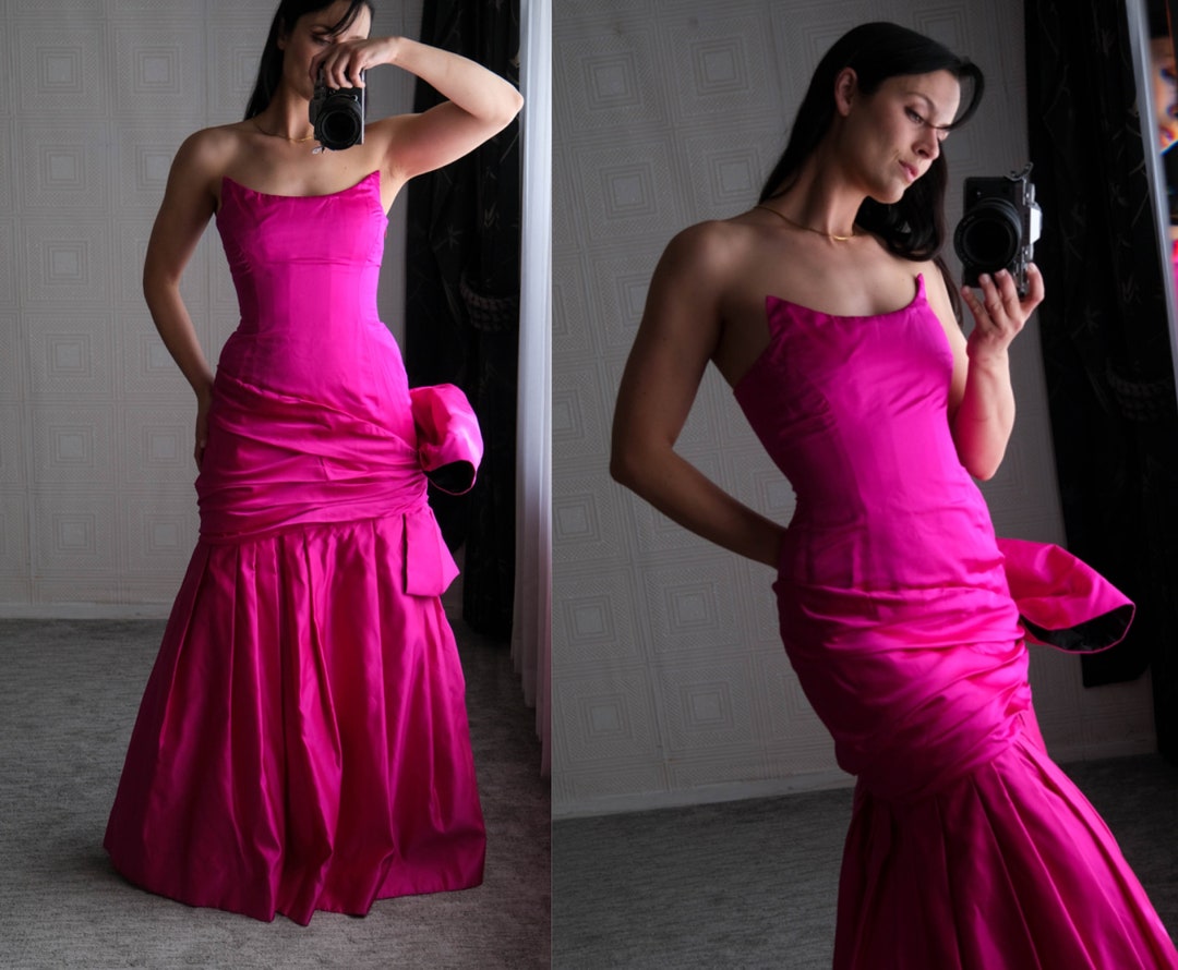 Vintage 80s Scaasi Boutique Hot Pink Silk Triangle Corset Silk Gown W ...