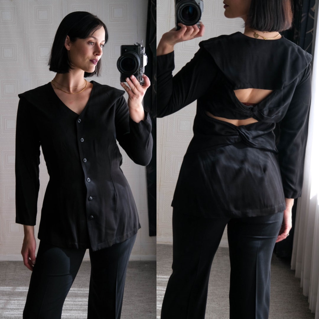 Vintage 80s Kymio Black Rayon Open Back Peek-a-boo Twist Button up ...
