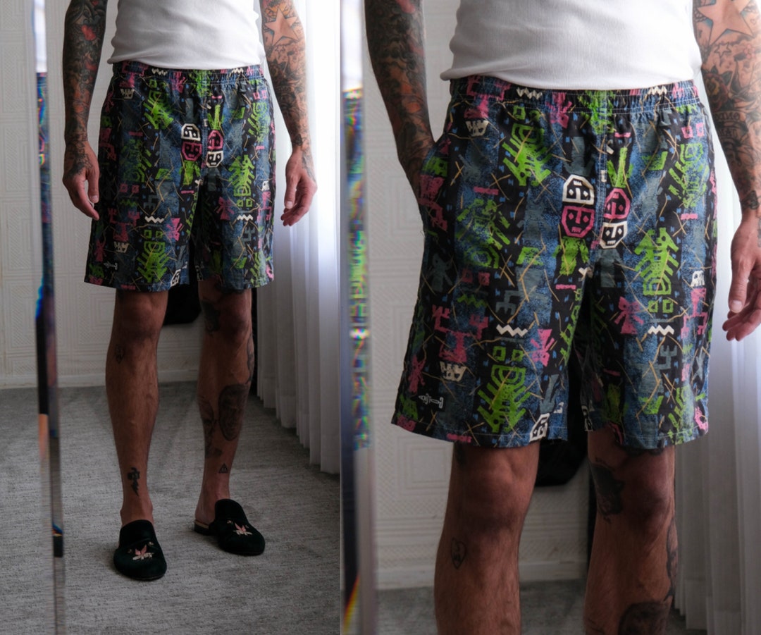 Vintage 80s GOTCHA Neon Tiki & Fishbone Stripe Print Walking Shorts ...