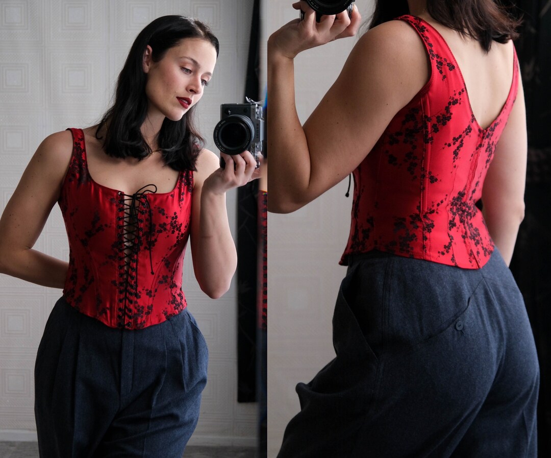 Vintage 90s Gigi Clark Red Silk and Black Floral Brocade Corset ...