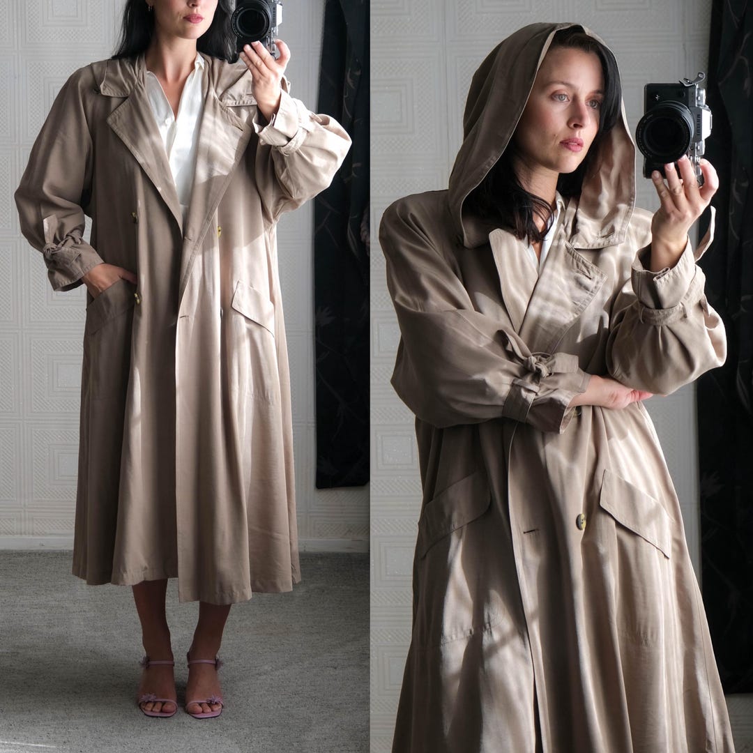 Vintage 80s J. GALLERY Golden Olive Shimmery Sharkskin Hooded Trench ...
