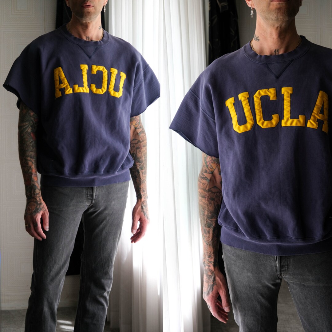 Vintage 90s UCLA Russel Pro Cotton Distressed Navy Sweatshirt W/ Satin ...