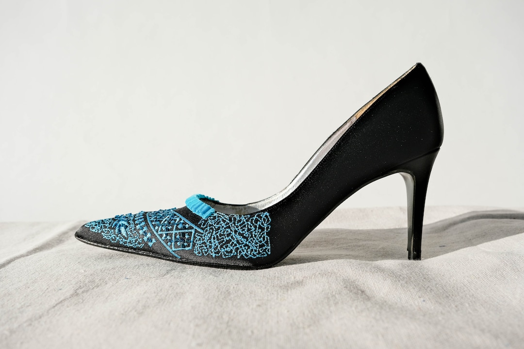 Vintage 90s Red by Ramon Tenza Black Satin Stiletto Heels W/ Turquoise ...