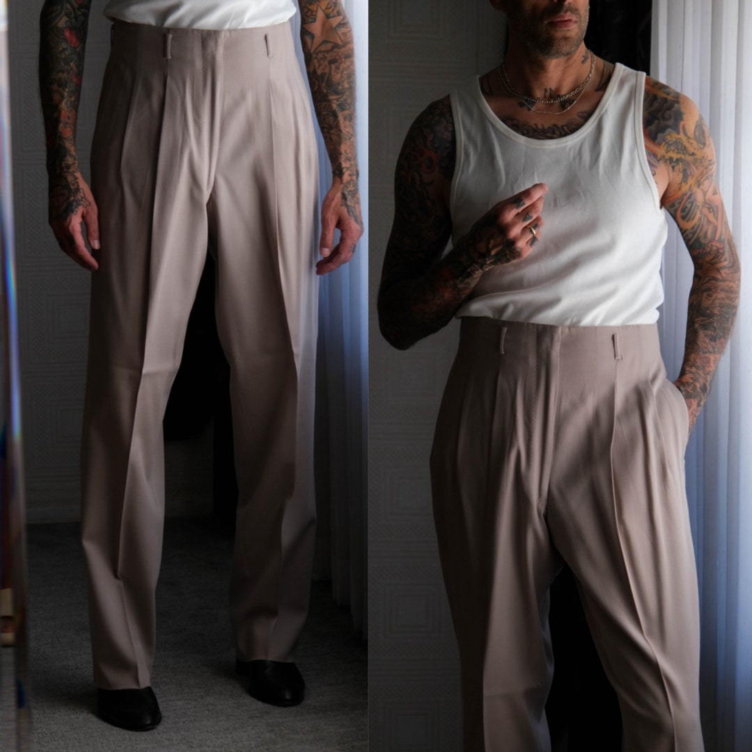 Vintage 40s Taupe Wool Gabardine High Waisted Pleated Slacks | UNWORN ...