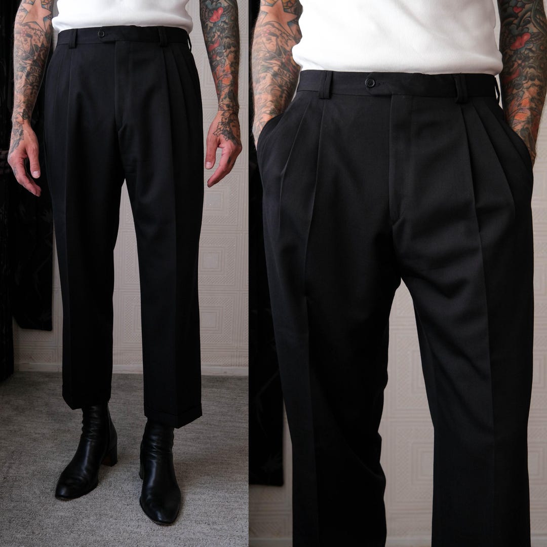 Vintage 90s PACCETTI Black Gabardine Triple Pleated Cuffed Dress Slacks ...