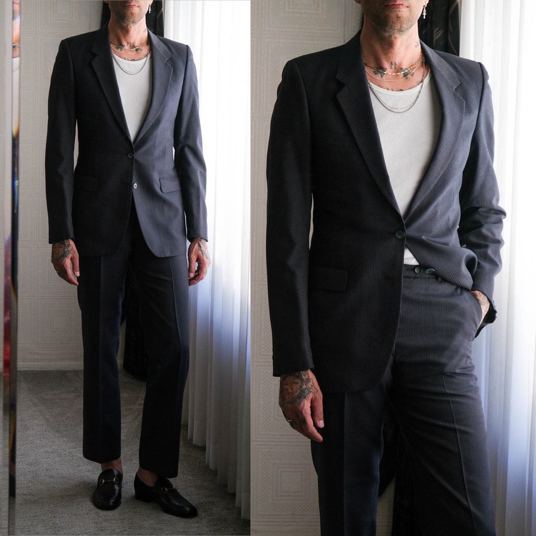Vintage 70s Yves Saint Laurent Navy Blue & Amber Pinstripe Flare Leg ...