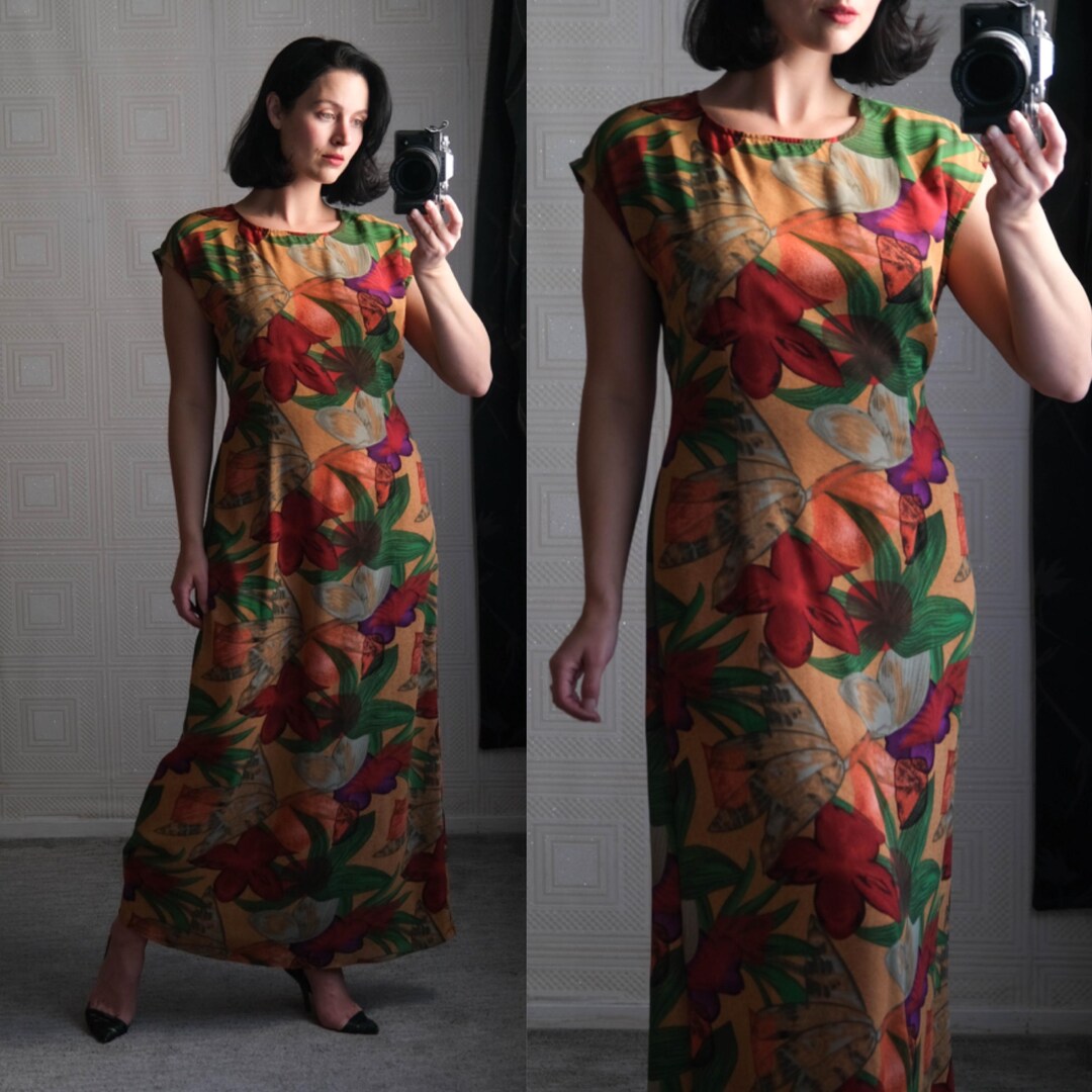 Vintage 80s HALSTON Bold Earthtone Floral Botanical Leaf Print Sleeveless Semi Sheer Maxi Dress ...