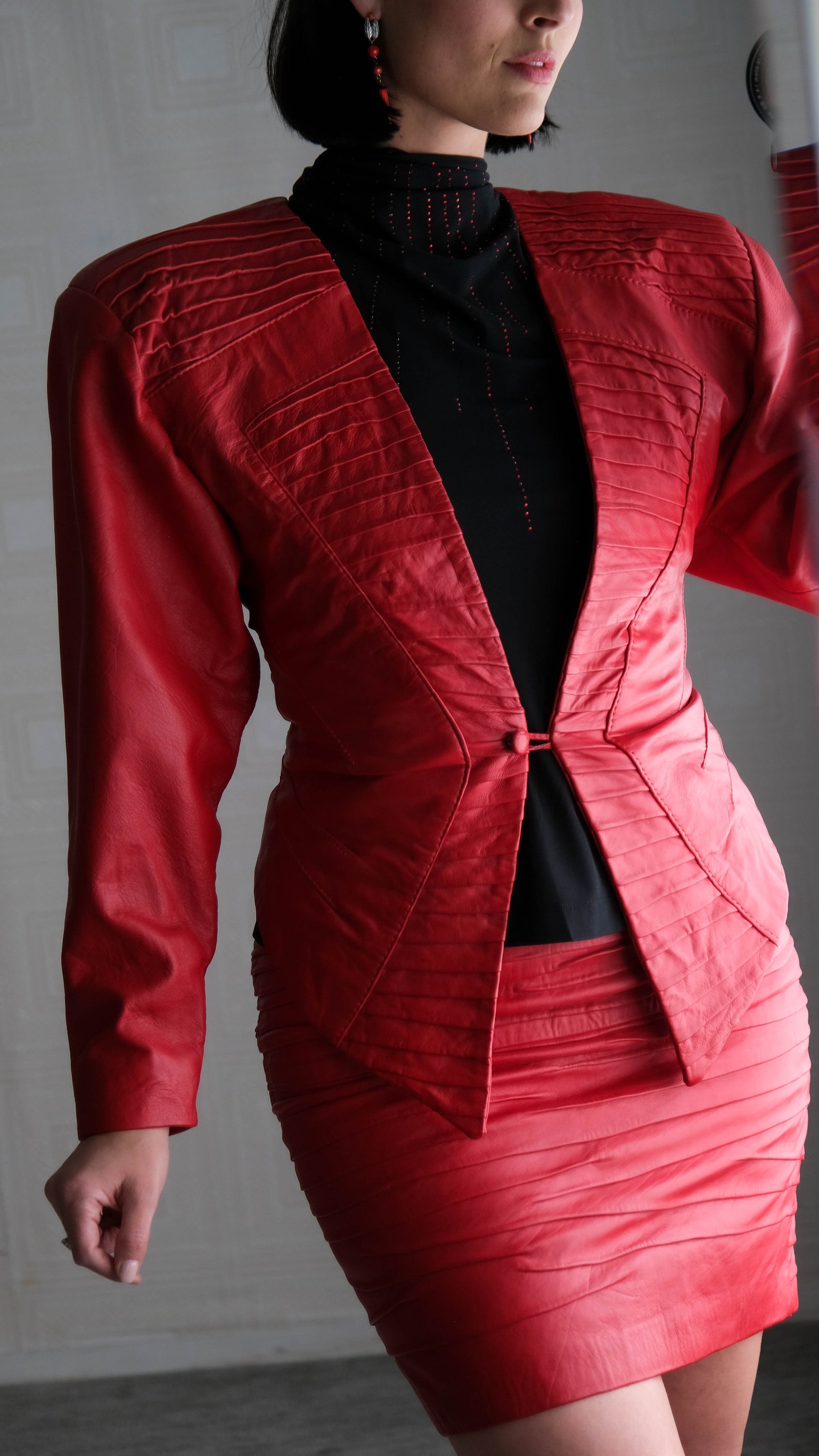 Vintage 80s LE PIEL Lipstick Red Lambskin Leather Pleated Peplum Mini ...