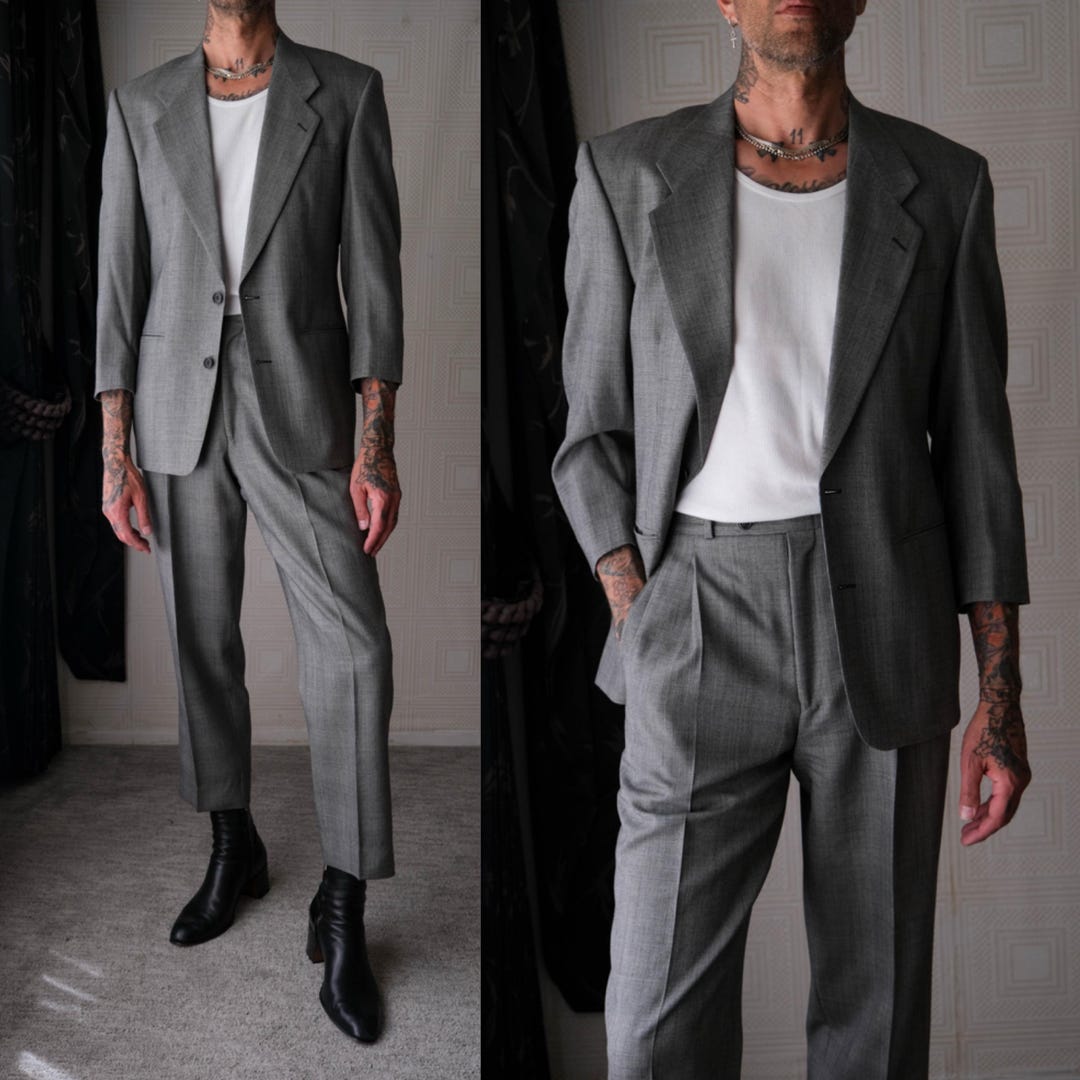 Vintage 80s Yves Saint Laurent Peppered Gray Shadow Plaid Drop Notch ...
