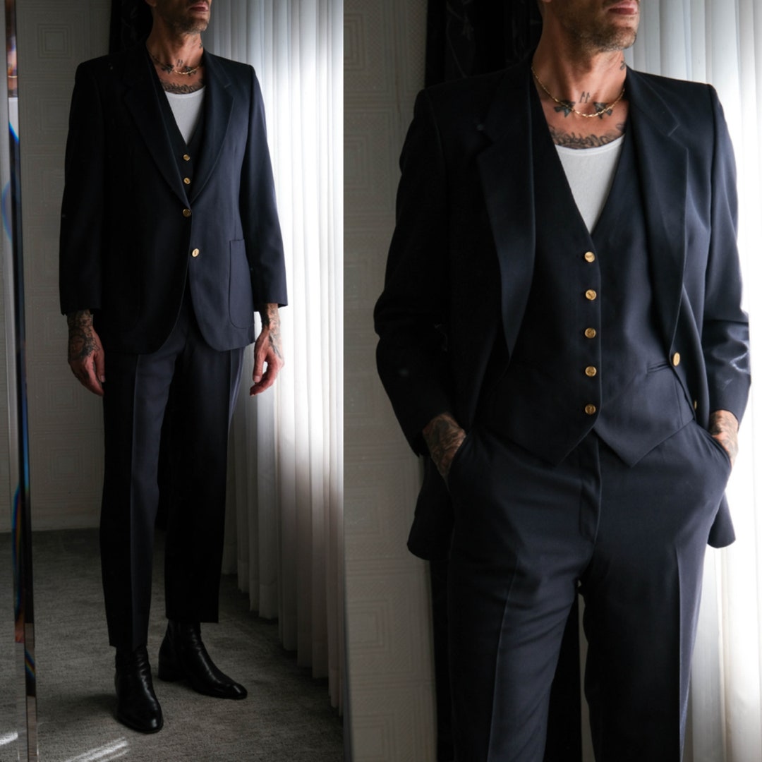 Vintage 70s Yves Saint Laurent Navy Gabardine Three Piece Flare Leg ...