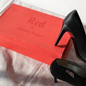 Vintage 90s Red by Ramon Tenza Black Satin Stiletto Heels W/ Turquoise ...