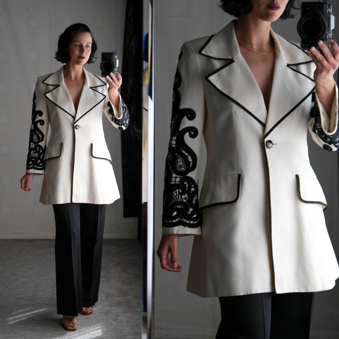 Vintage 90s JACQUES FATH PARIS White Longline Blazer W/ Black Trim & Paisley Applique Bell ...
