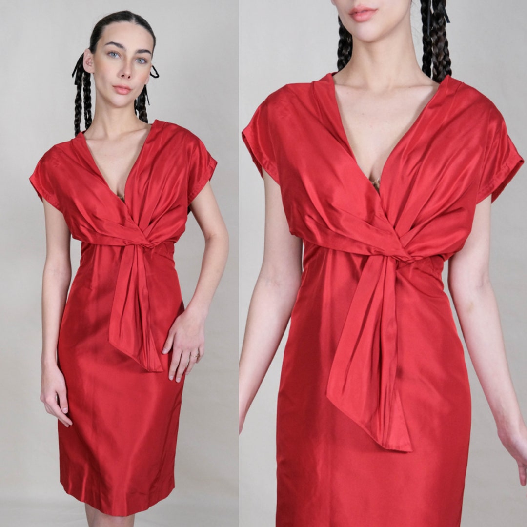 SALVATORE FERRAGAMO Ruby Silk Structured Empire Waist Ruche Twist Dress | Made in Italy | 100% ...