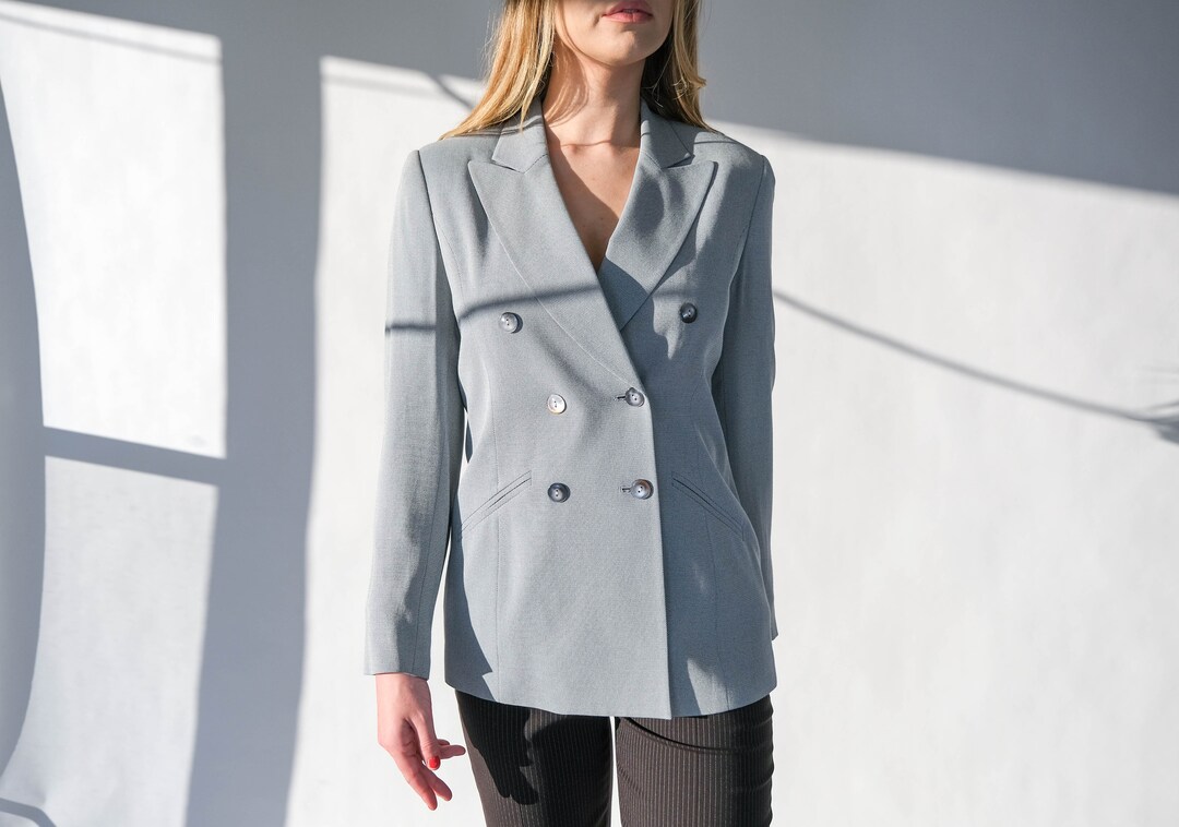 Vintage 90s Kasper Blue Gray & White Birdseye Check Rayon Double ...