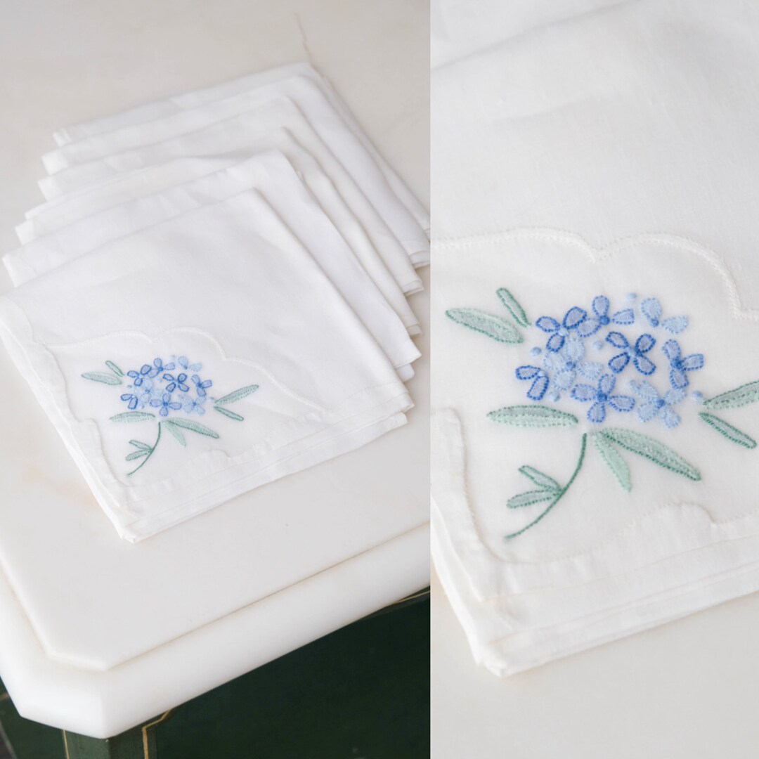 Vintage 40s Hand Made Handkerchief Set W/ Blue Floral Embroidery ...