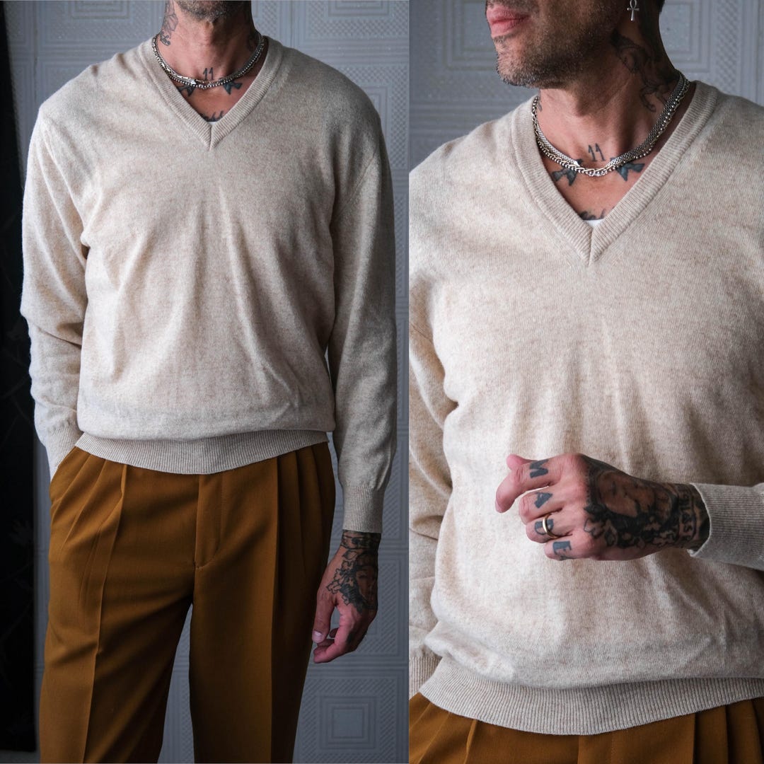 Vintage 90s POETA MODA VISITOR Heather Sandy Tan Wool Blend V-neck ...