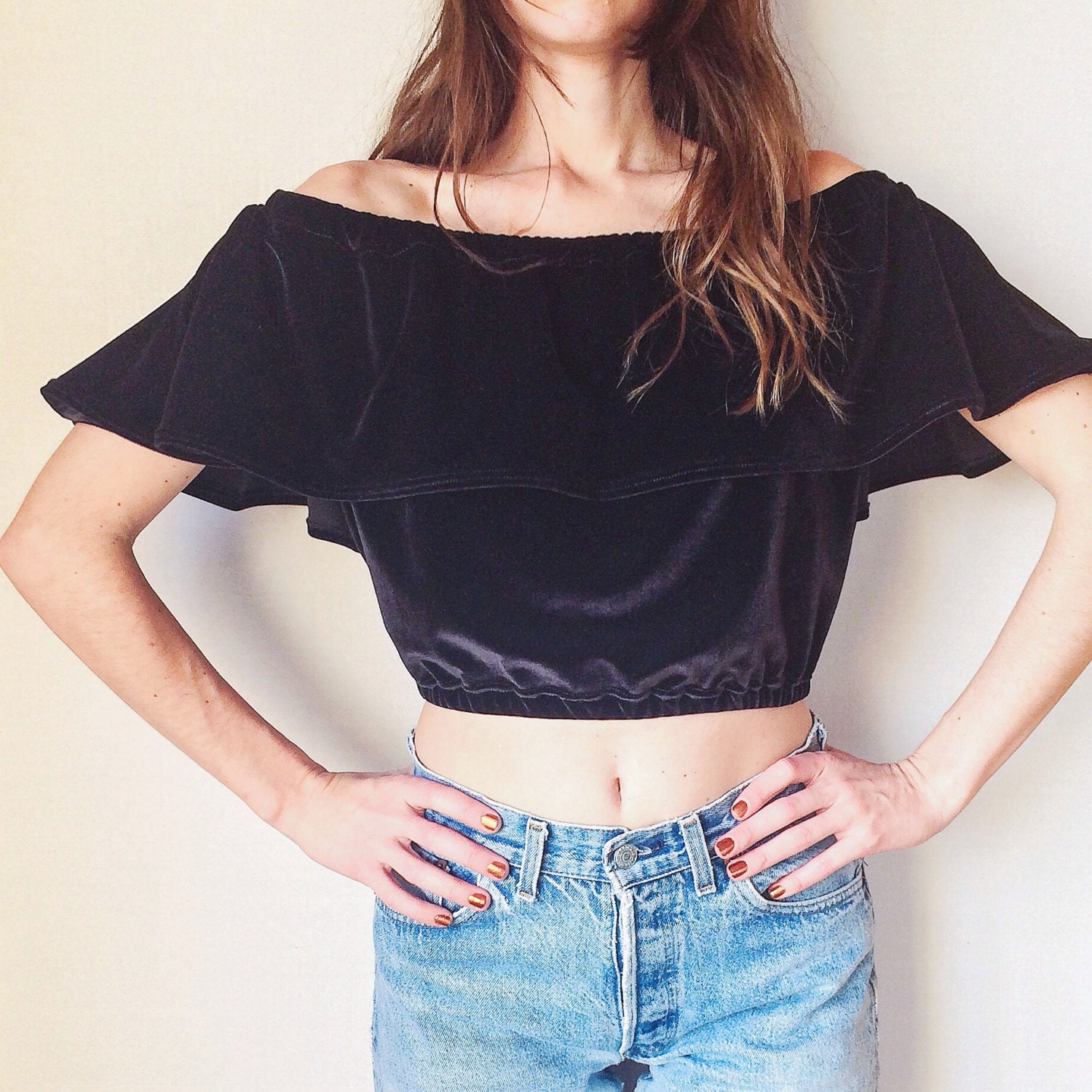 Off the Shoulder Ruffle Crop in Solid Velvet - Etsy