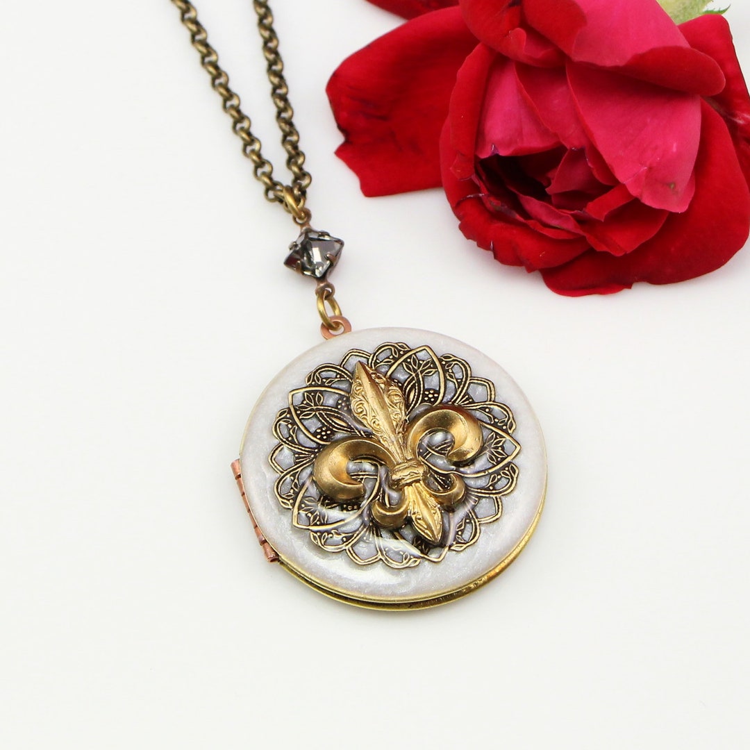 Extra Large Gold Fleur-de-lis Locket With Pearl White Cold Enamel on ...