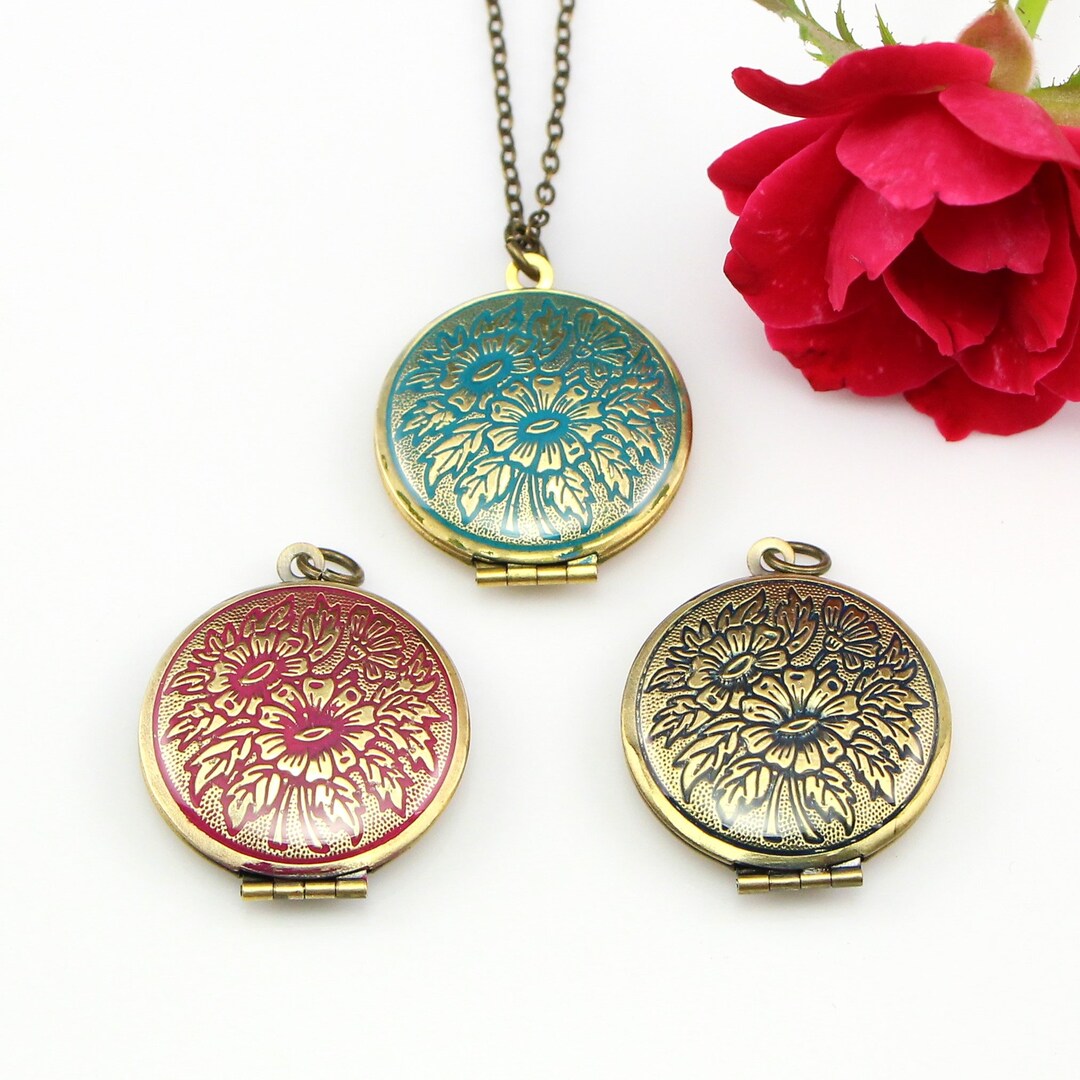 Floral Gold Brass Locket With Patina and Clear Resin Finish on Rolo ...