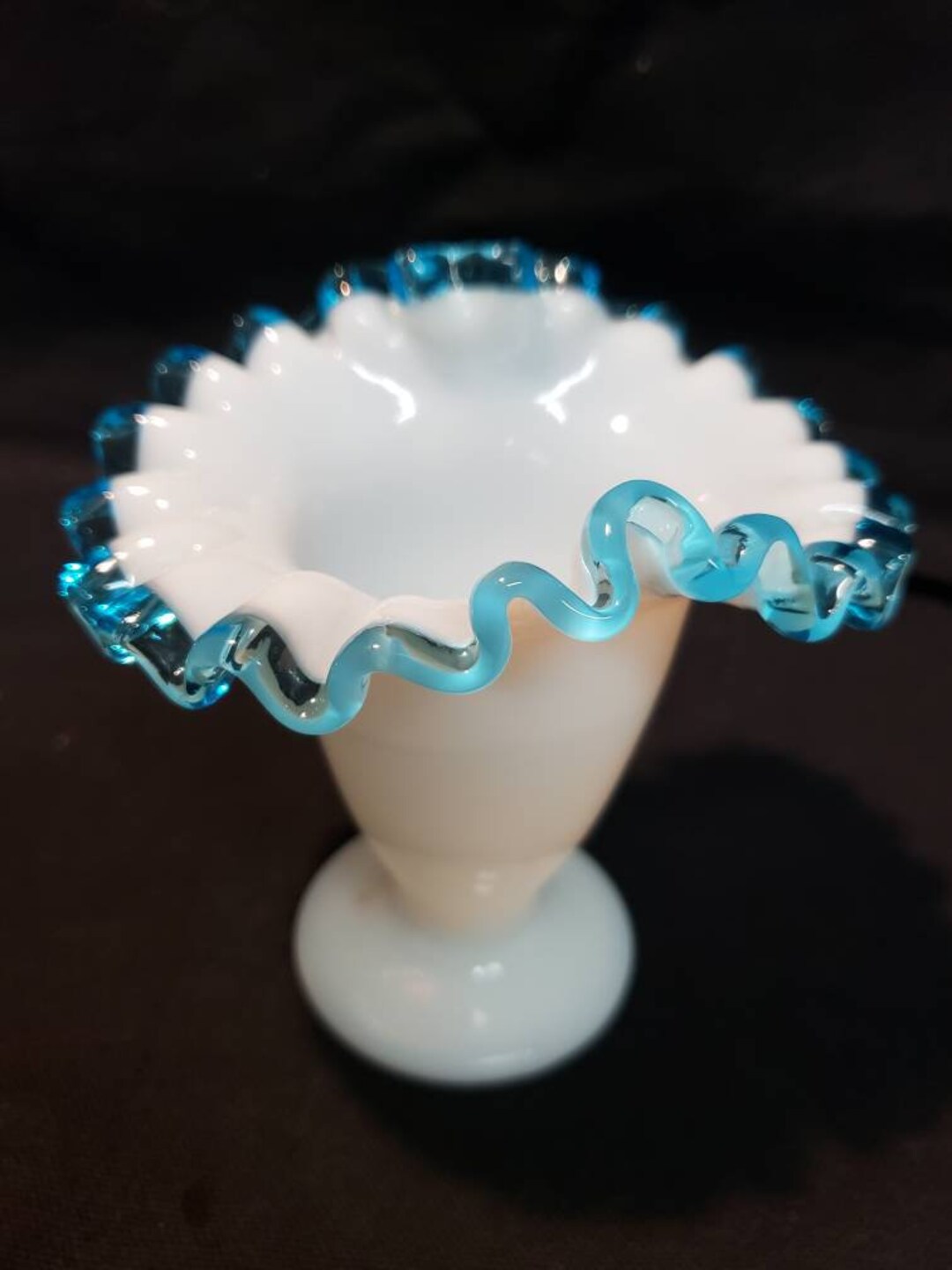 Handblown Vase Cased or Milkglass Vase With Blue Scallop Rim - Etsy