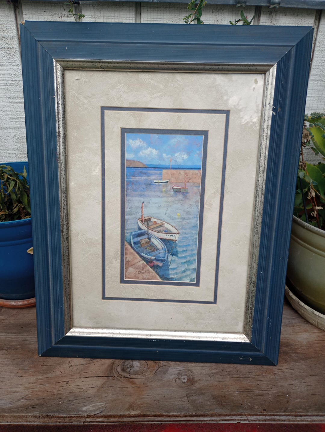 Art Print Lithograph Print Seascape, Boat in Marina, Deck, Harbor Sign ...