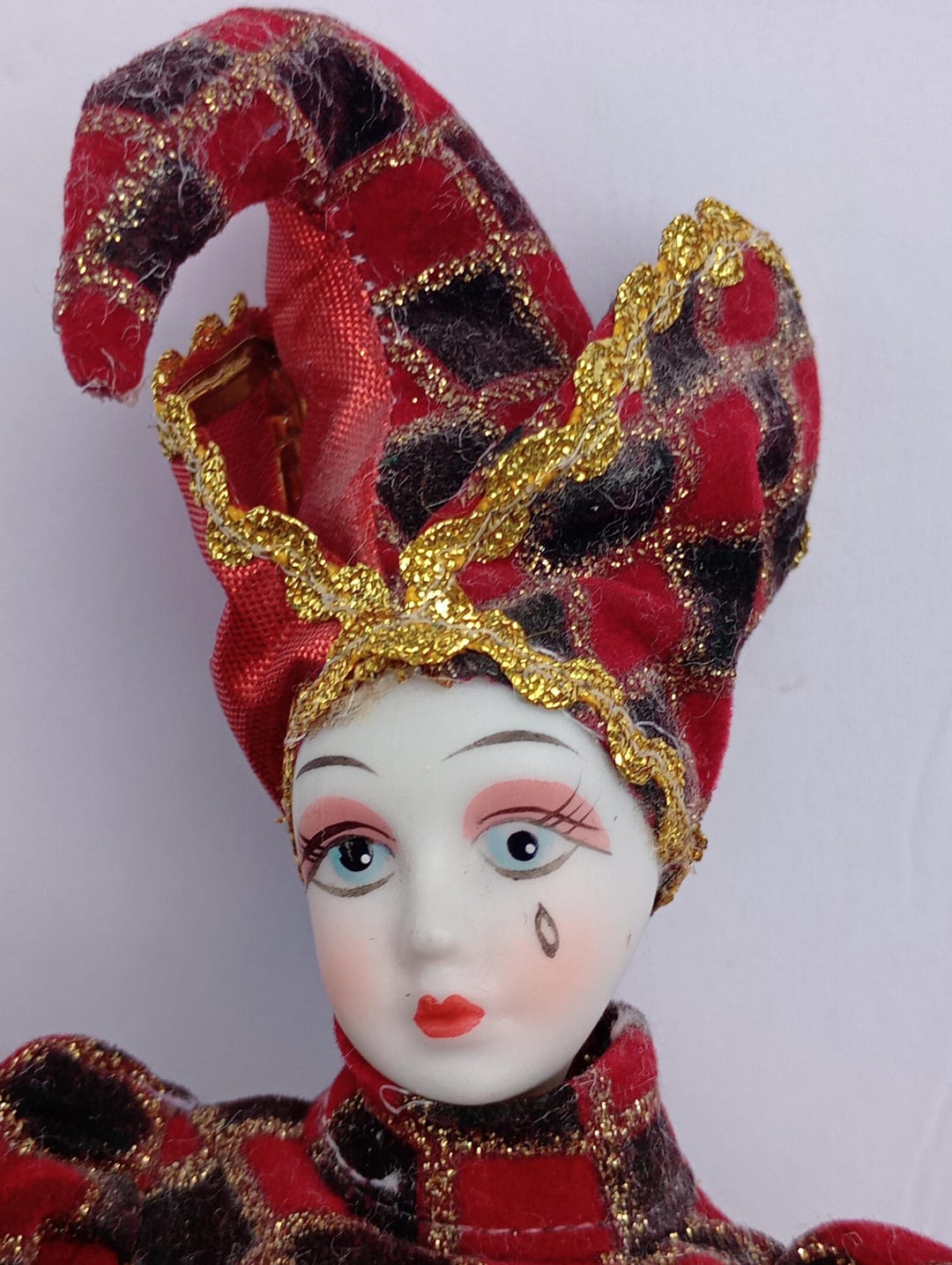 Doll, Jester Harliquen Porcelain Bisque Small Doll in Red Checkered ...