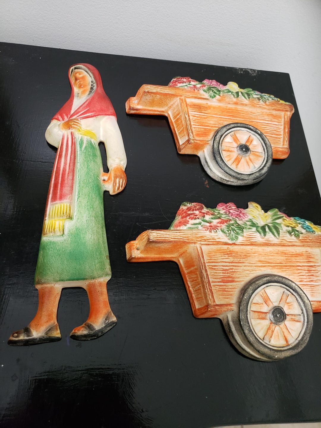 Set of Three Ceramic Wall Plaque. Girl With Her Carts Filled With ...
