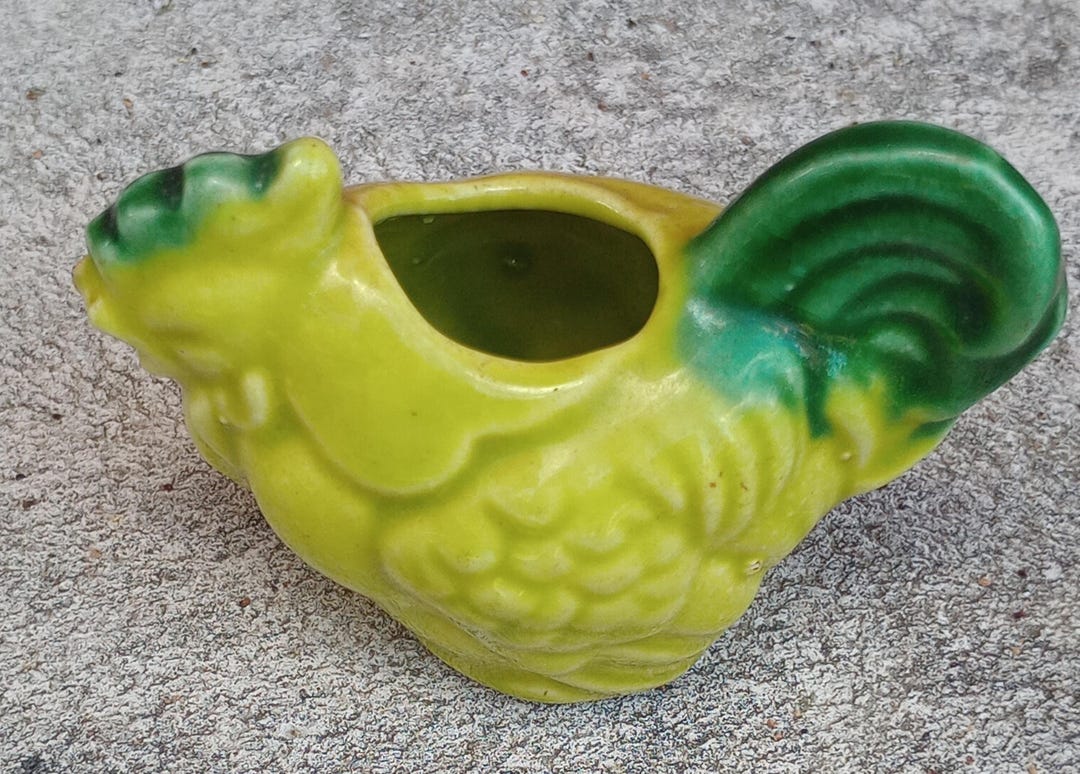 Vintage Miniature Ceramic Chicken Vessel: Green and Yellow Glaze ...