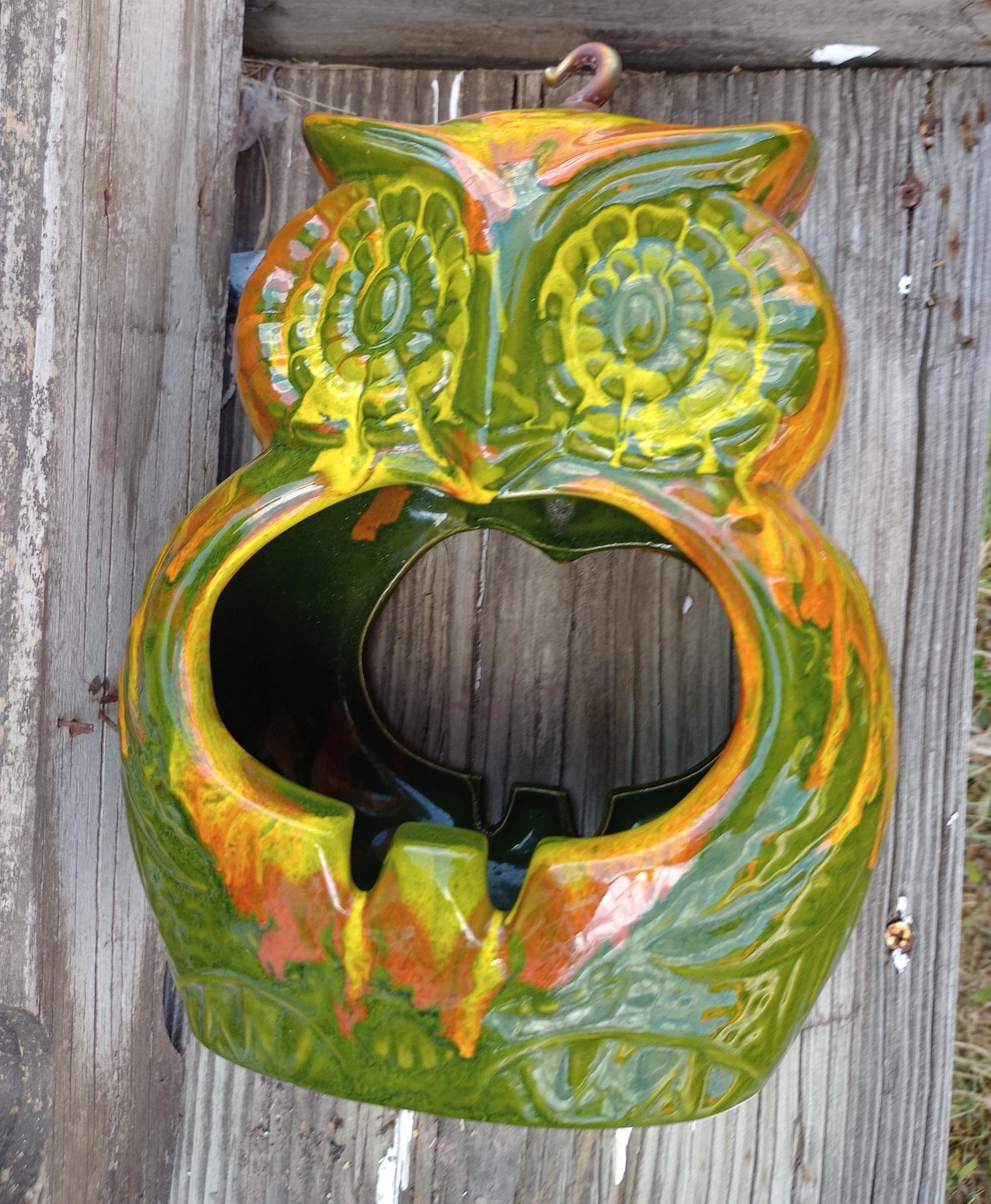 Vintage Ceramic Hanging Large Green Glaze Ashtray Owl That Holds ...