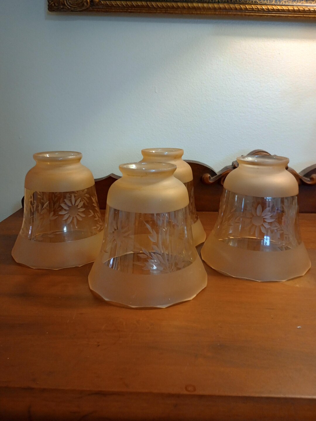 Set of Four Amber Lamp Shade Glass Etched With Floral Designs and ...