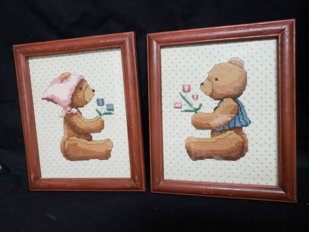 Wall Art, Wooden Frame With Glass With Cross Stitch Bears, Children's ...