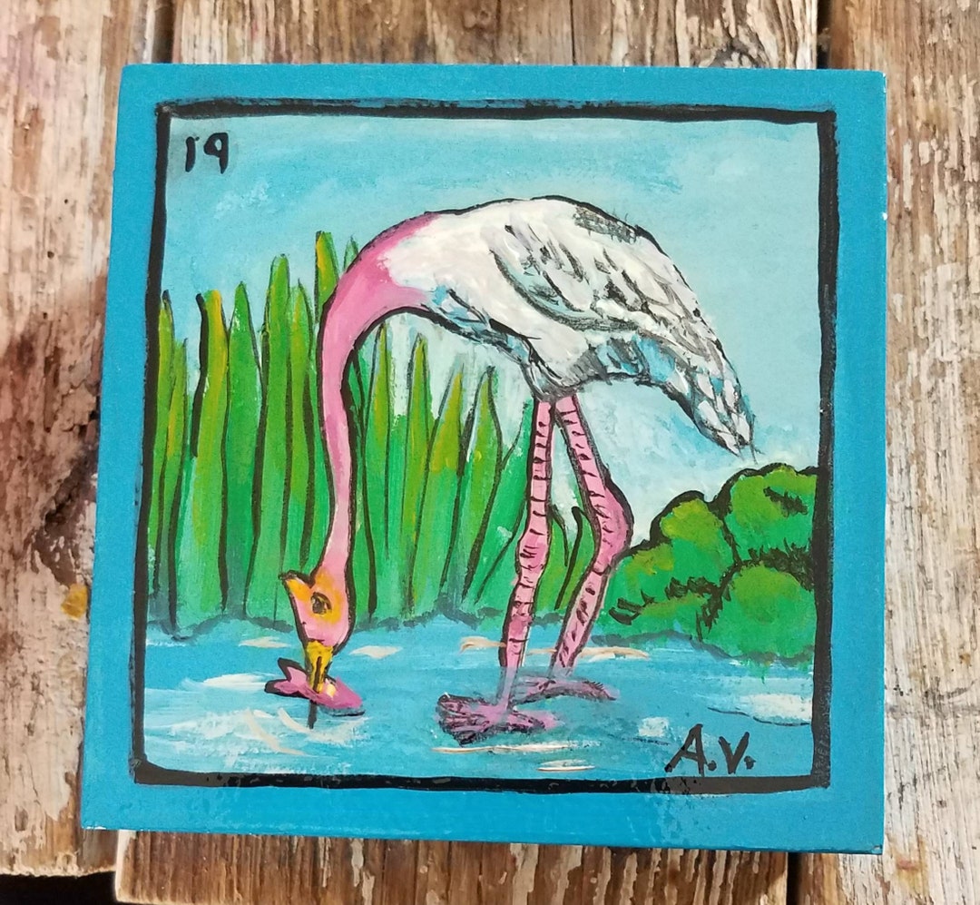 Loteria, La Garza, Flamingo, Mexican Bingo, Acrylic Painting on Clay ...