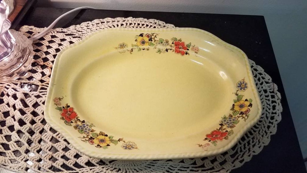 Old Rectangle Ceramic Light Yellow Color Platter With Beautiful Flower ...