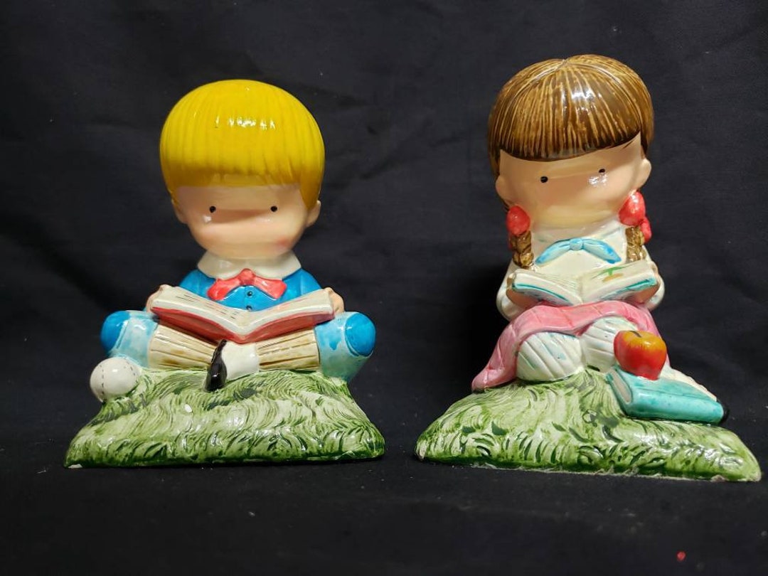 Pair of Cute Resin Boy and Girl Reading Bookends, Joan Welsh, Angel USA ...