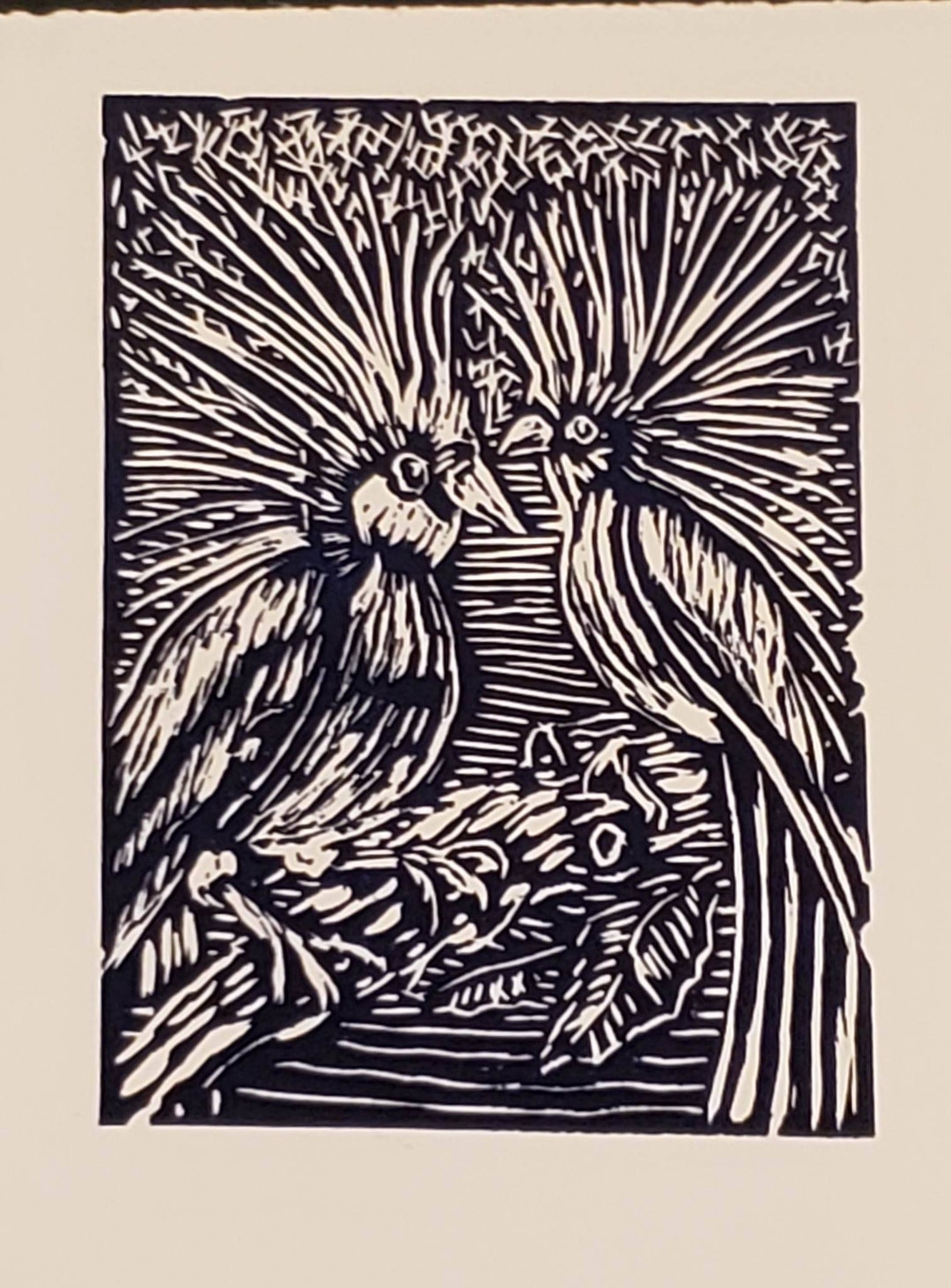 Linoleum Cut Print, Spiky Hair Birds - Etsy