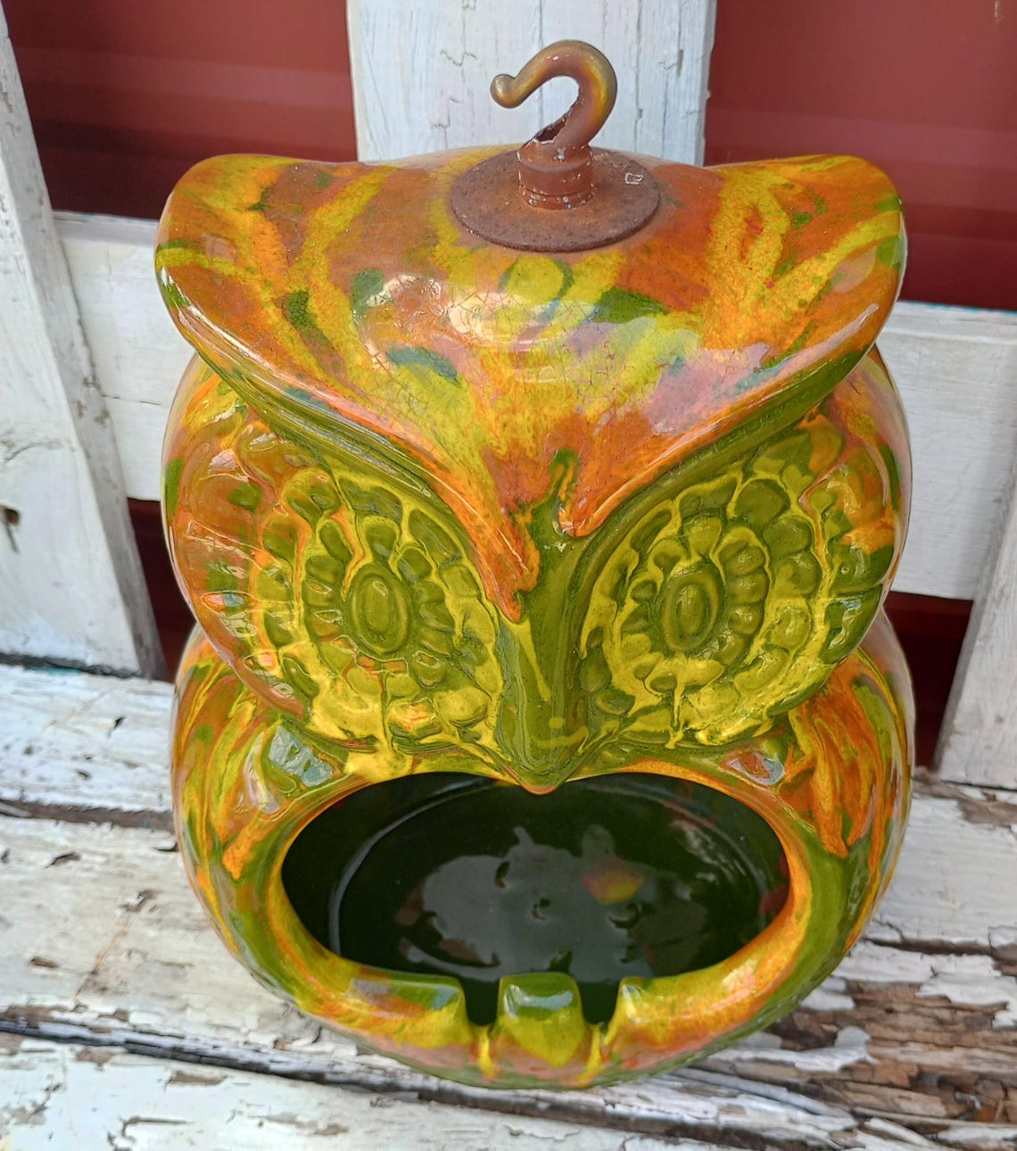 Vintage Ceramic Hanging Large Green Glaze Ashtray Owl That Holds ...