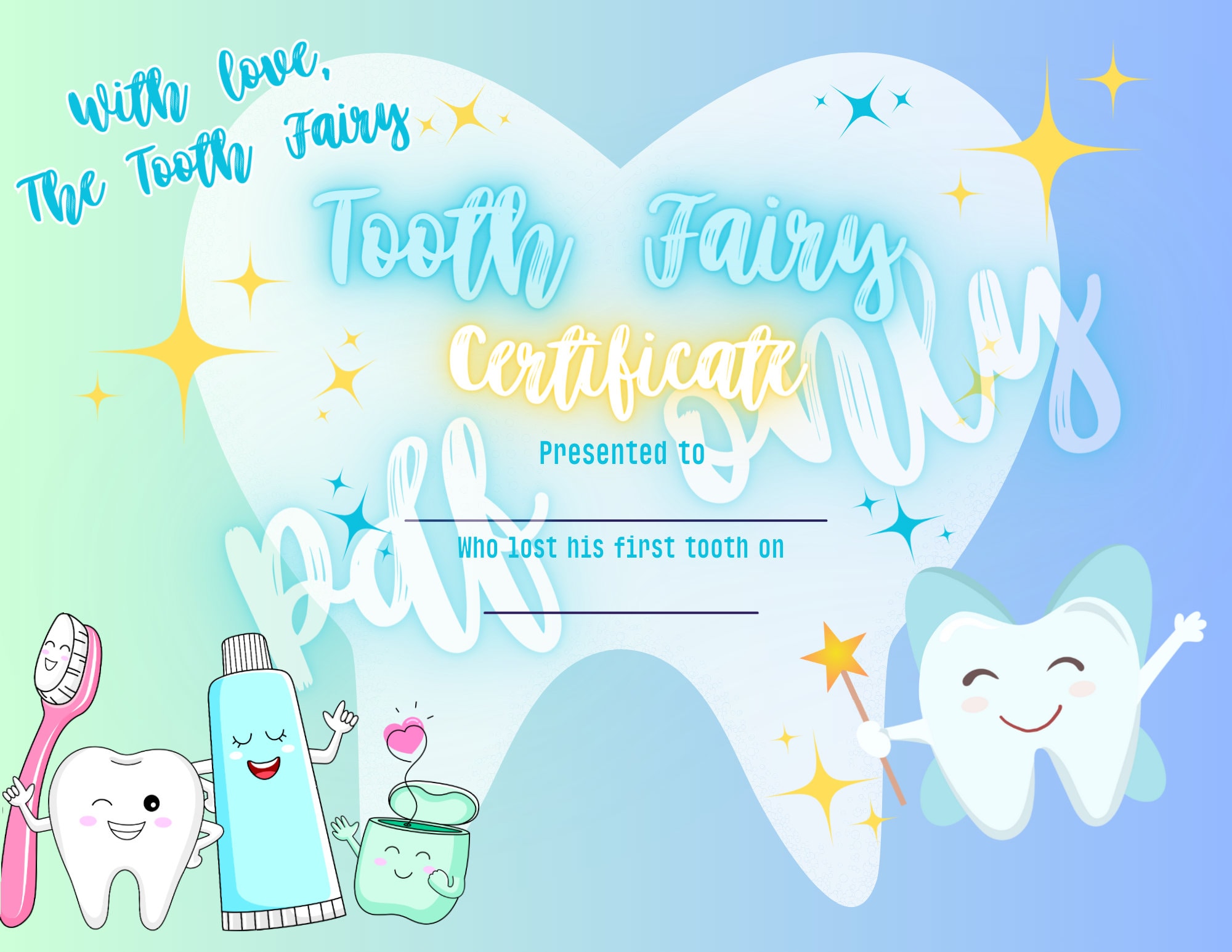 Tooth Fairy Certificate Printable, First Tooth PDF Certificate, Digital ...