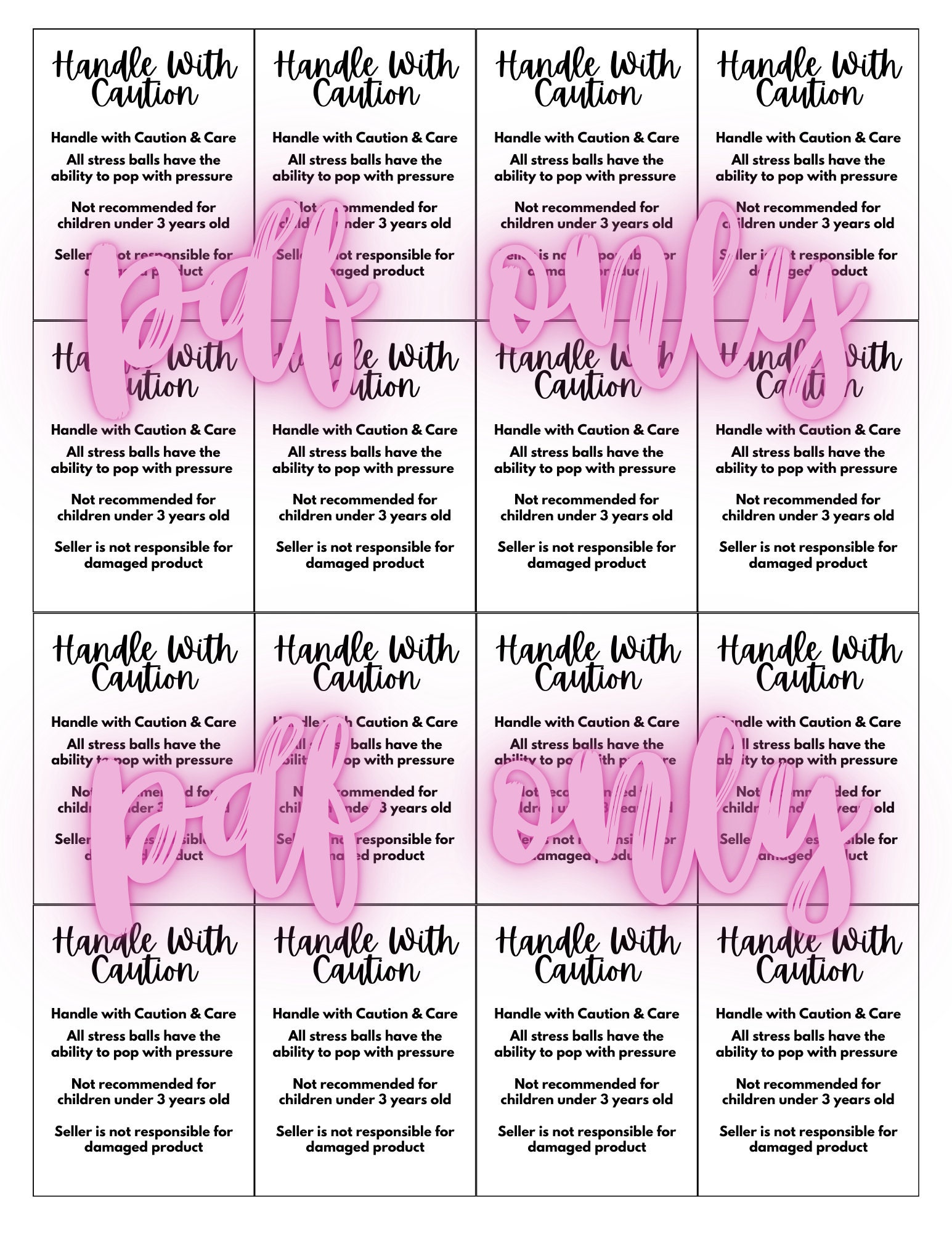 Stress Ball Safety Tags, Handle With Caution, Care Instructions Tag ...