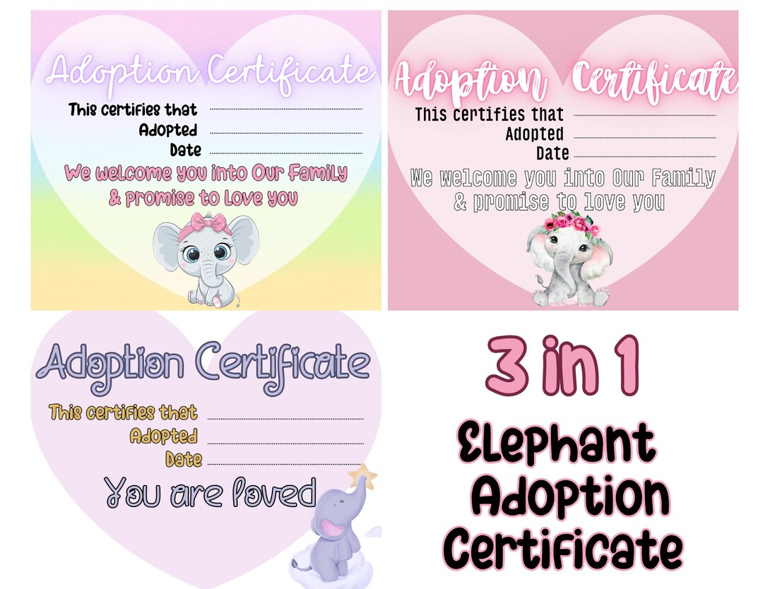 Elephant Adoption Certificate Combo Pack, Elephant Printable, Printable ...