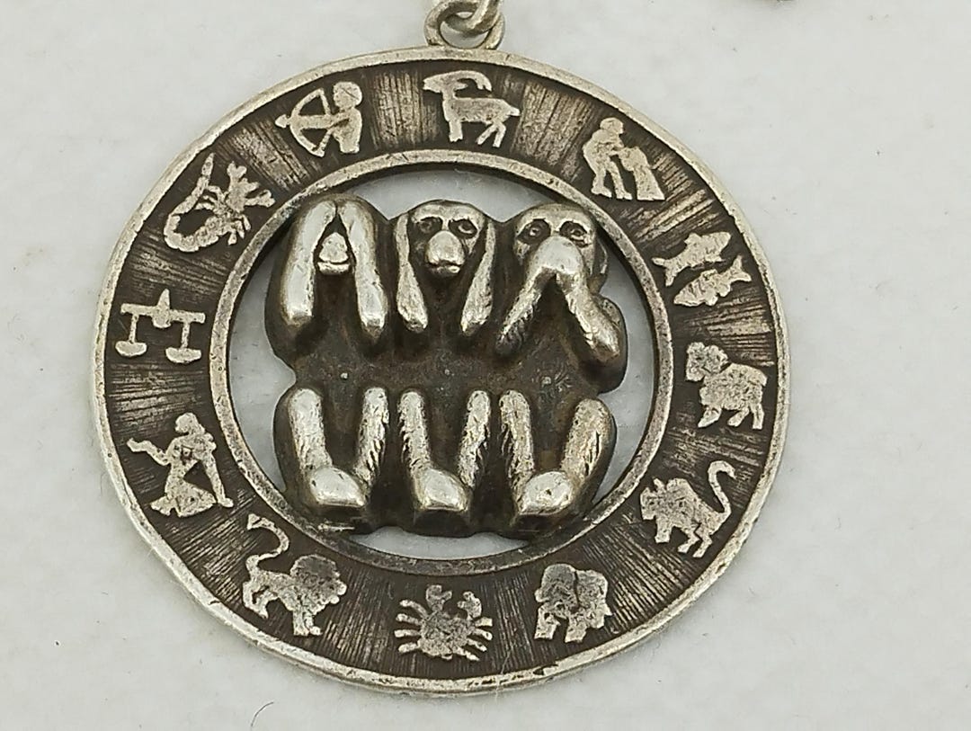 The Three Wise Monkeys and Zodiac Symbols Silver Charm Pendant - Etsy