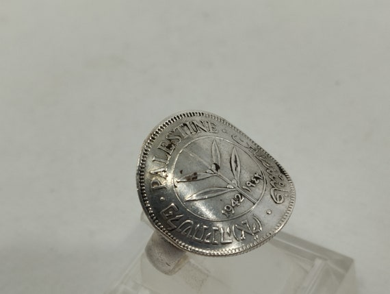 Vintage 1942 Palestine Silver 50 Mils Coin Ring - Gem