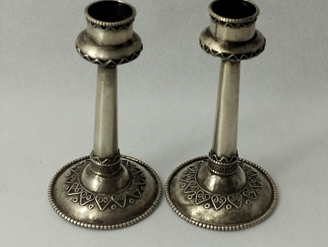 Judaica Yemenite Type Small Shabbat Candle Stick Holders Silver Rare ...