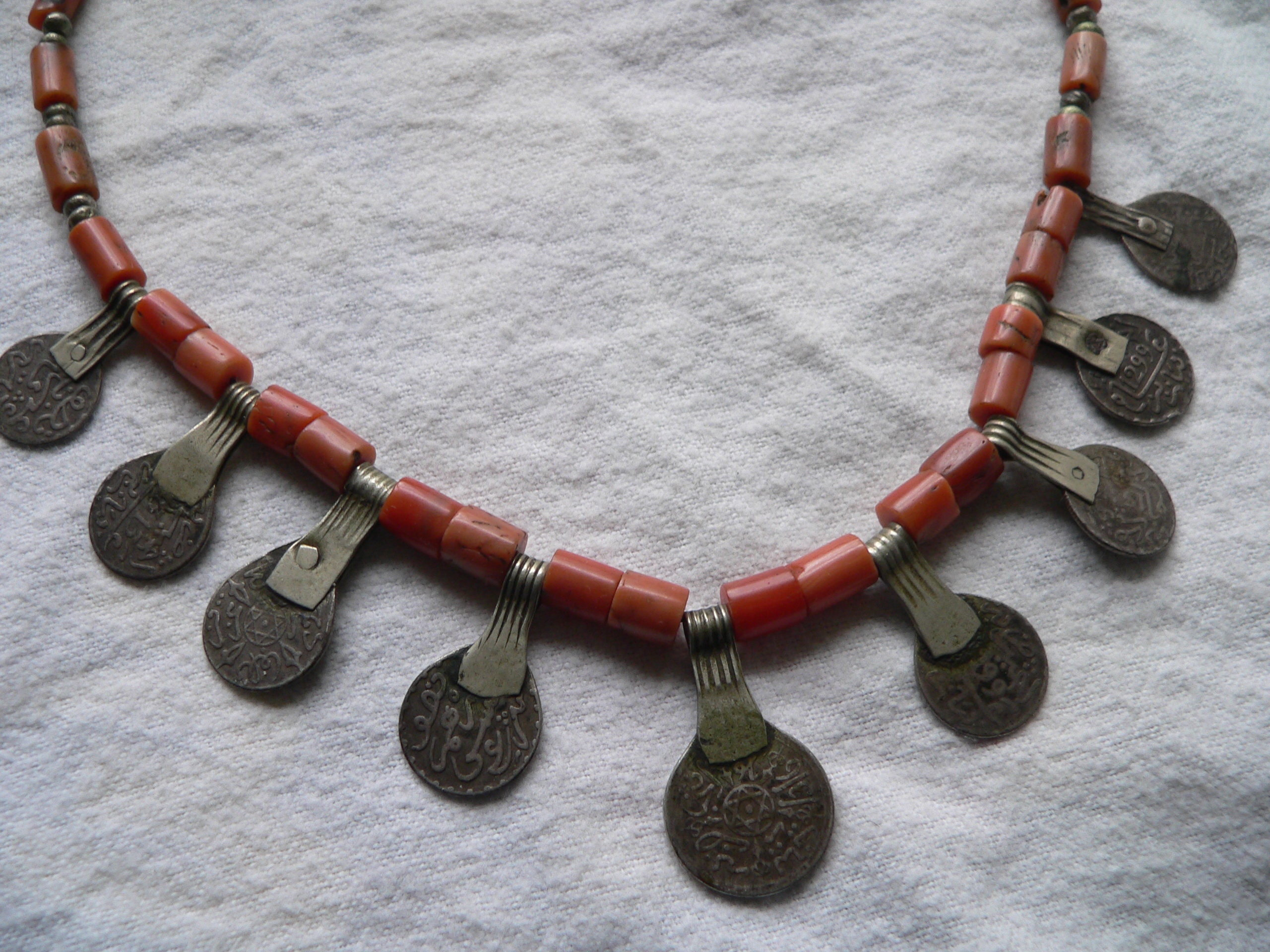 Antique Moroccan Old Silver Berber Coin Necklace With Natural Coral ...